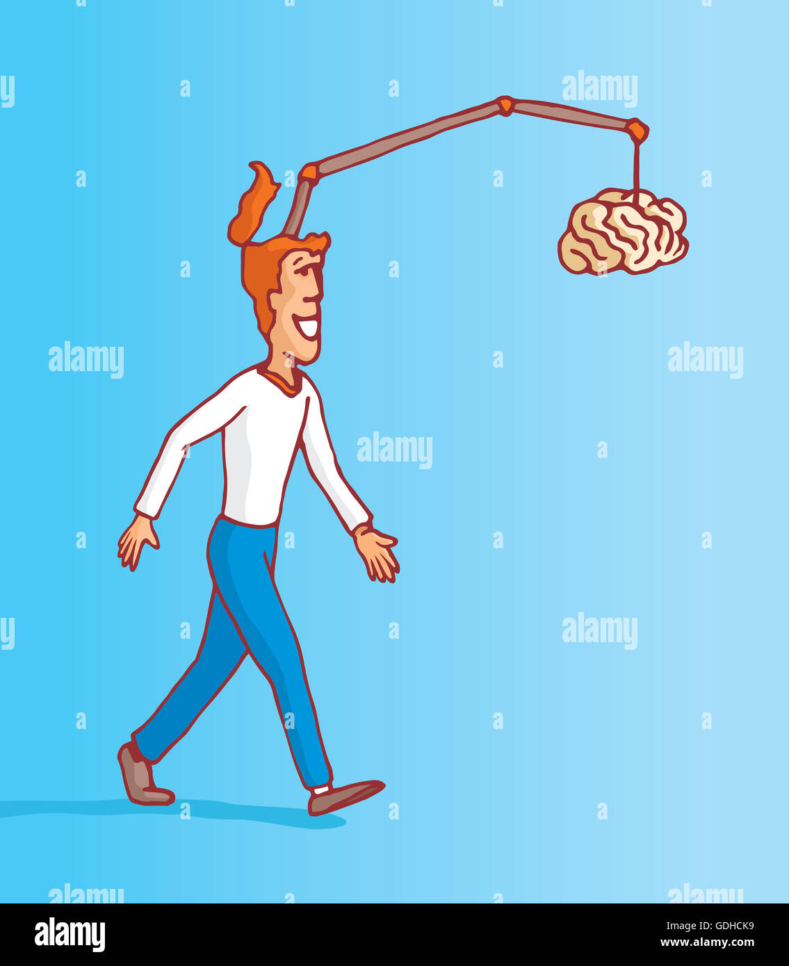 Cartoon illustration of man walking and chasing his on brain ...