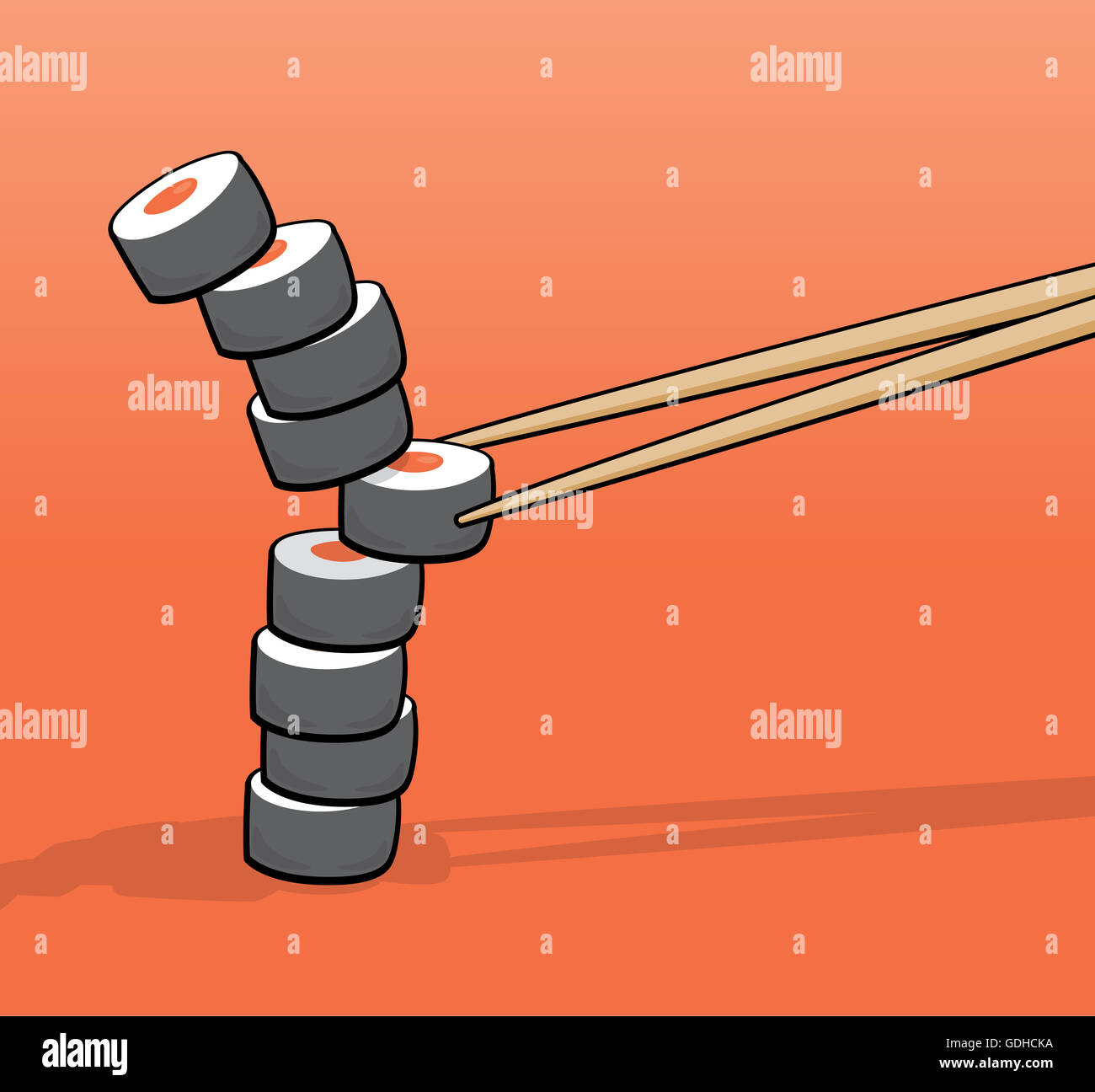 Cartoon illustration of a sushi tower thrown out of balance by ...