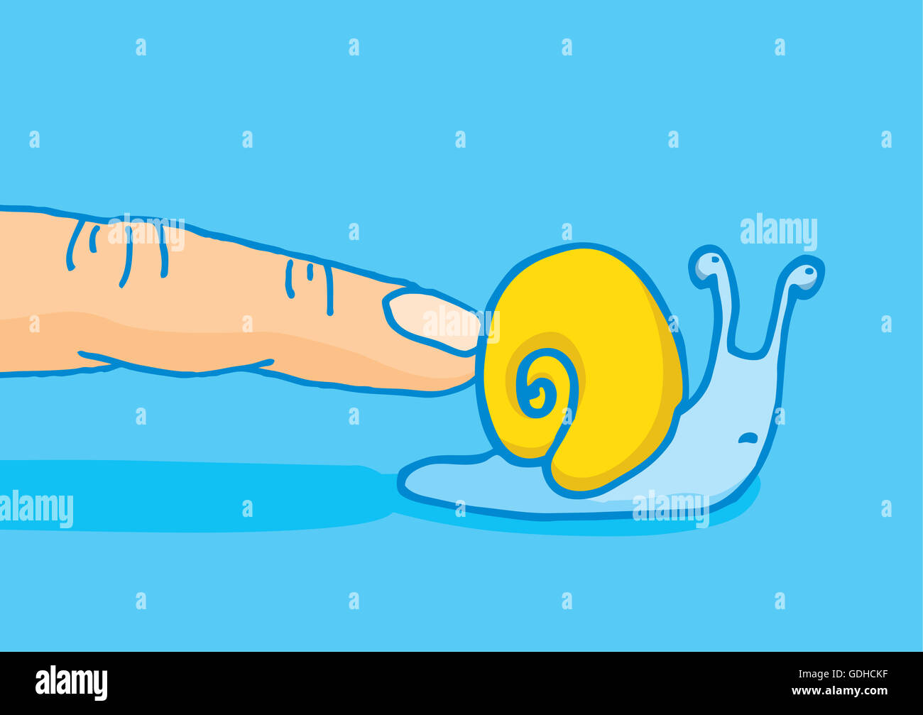Cartoon illustration of finger pushing and rushing a slow snail Stock ...