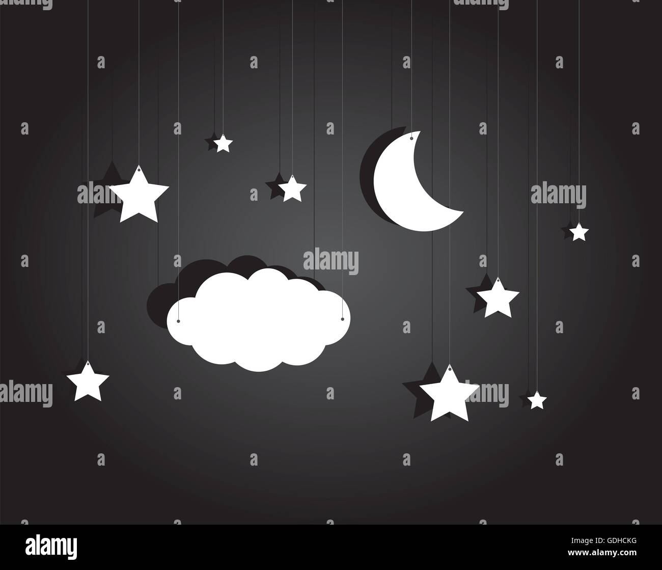 Cartoon illustration of stage hanging sky with moon, stars and cloud ...