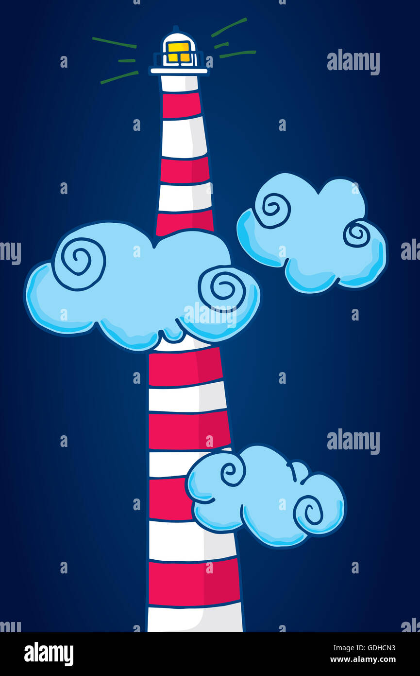 Cartoon illustration of a tall lighthouse light among clouds Stock ...