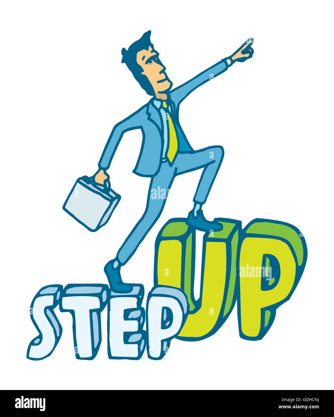 Cartoon illustration of a businessman ready to step up on word aiming high Stock Photo - Alamy