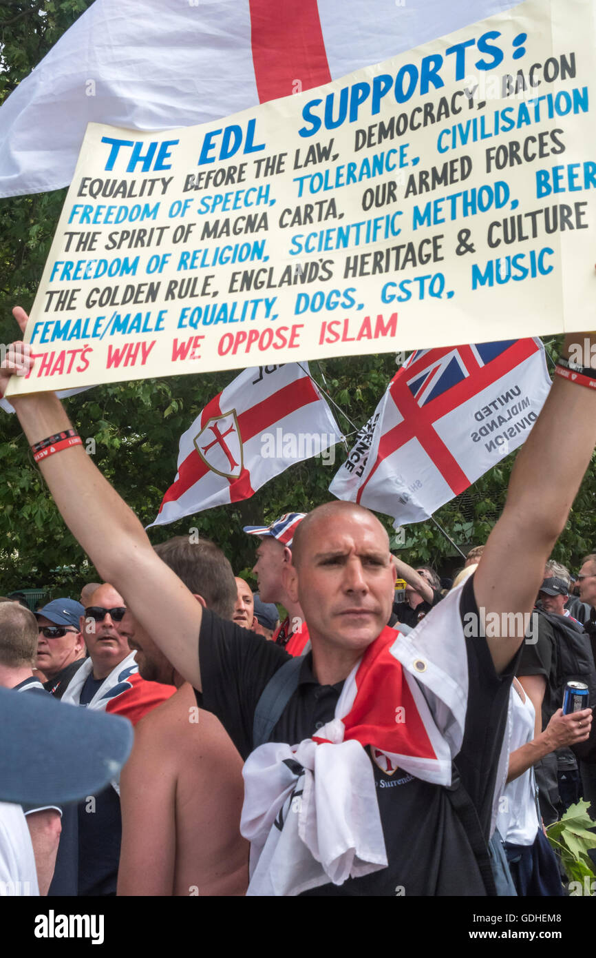 London, UK. 16th July 2016. Less than a hundred EDL supporters turned ...