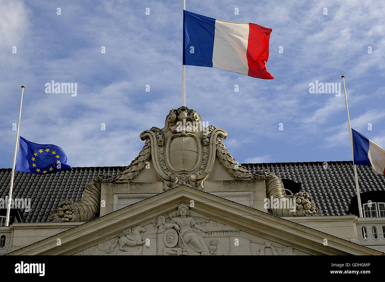 Copenhagen, Denmark. 17th July, 2016. European Union and French flags ...