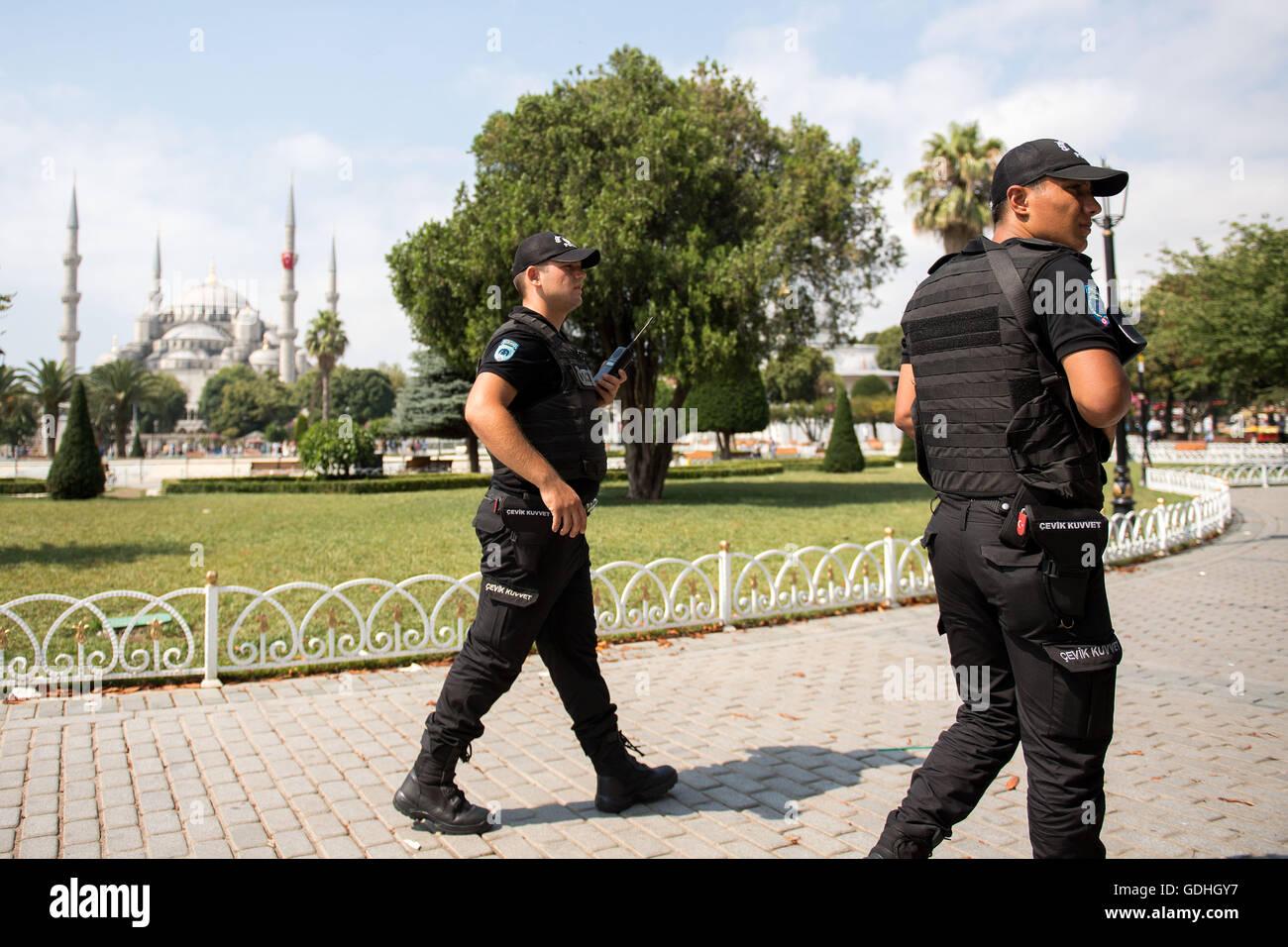 Istanbul, Turkey. 16th July, 2016. Police officers patrol in front of ...