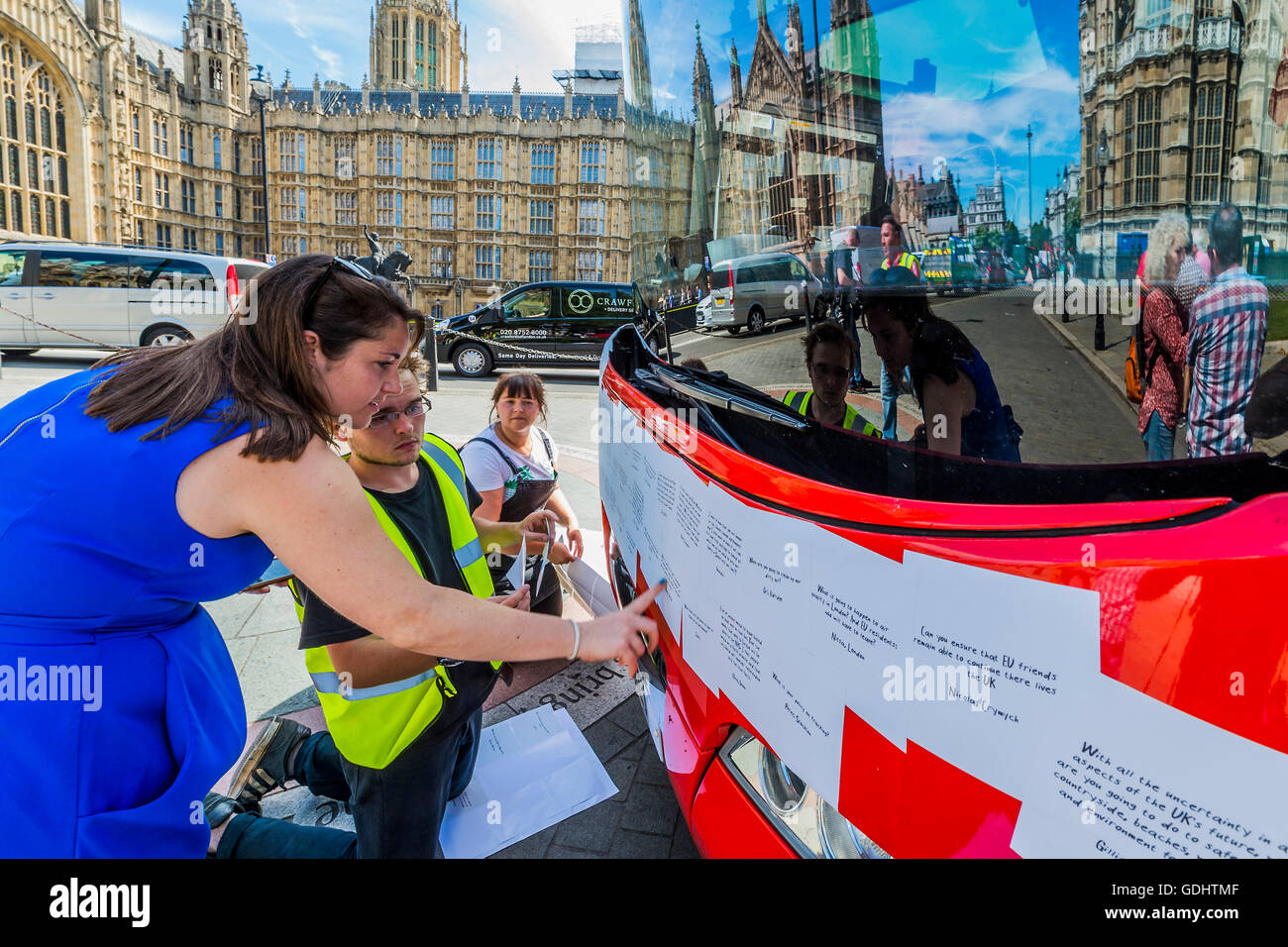 London, UK. 18th July, 2016. The front of the bus is covered in ...