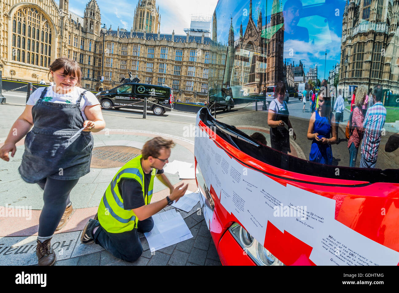 London, UK. 18th July, 2016. The front of the bus is covered in ...