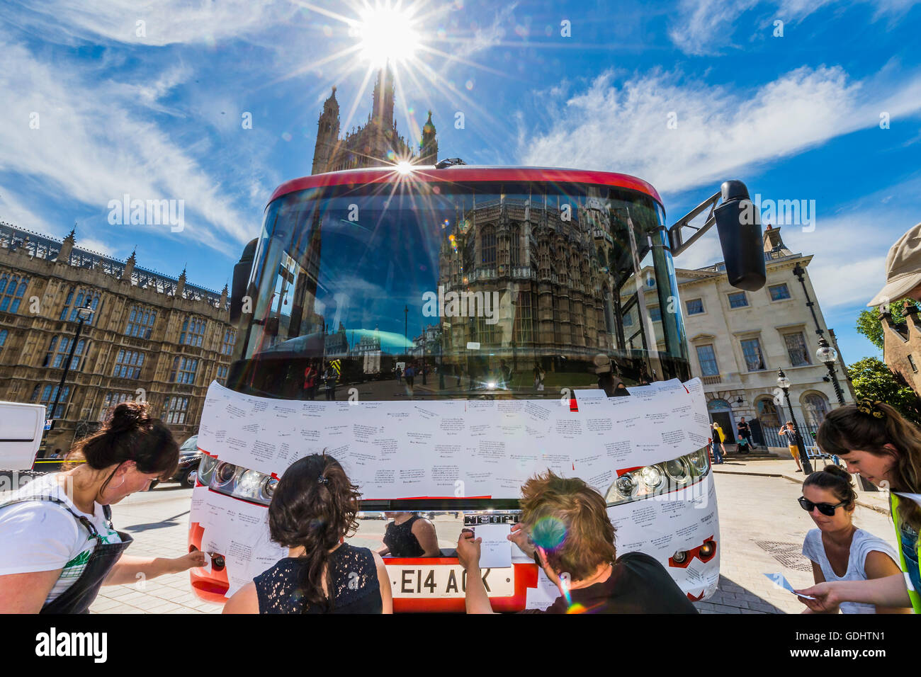 London, UK. 18th July, 2016. The front of the bus is covered in ...