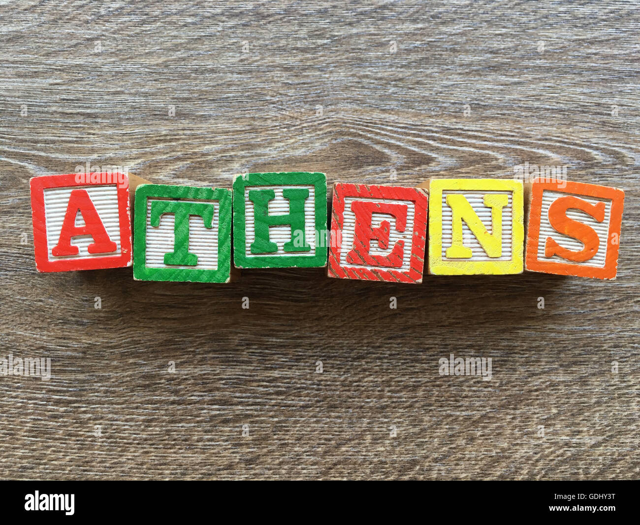 ATHENS city written with wood block letter toys Stock Photo - Alamy