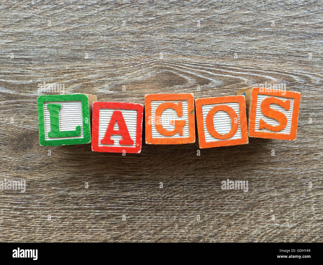 LAGOS city written with wood block letter toys Stock Photo - Alamy