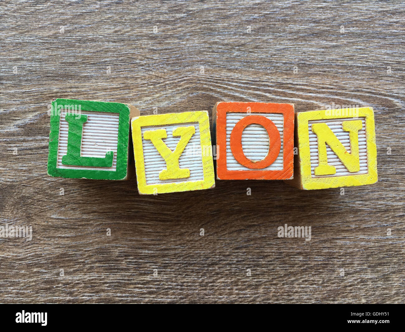 LYON city written with wood block letter toys Stock Photo - Alamy