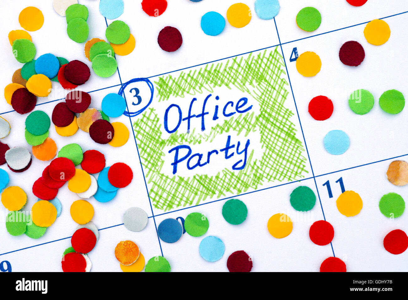 Reminder Office Party in calendar with confetti. Close-up Stock Photo ...