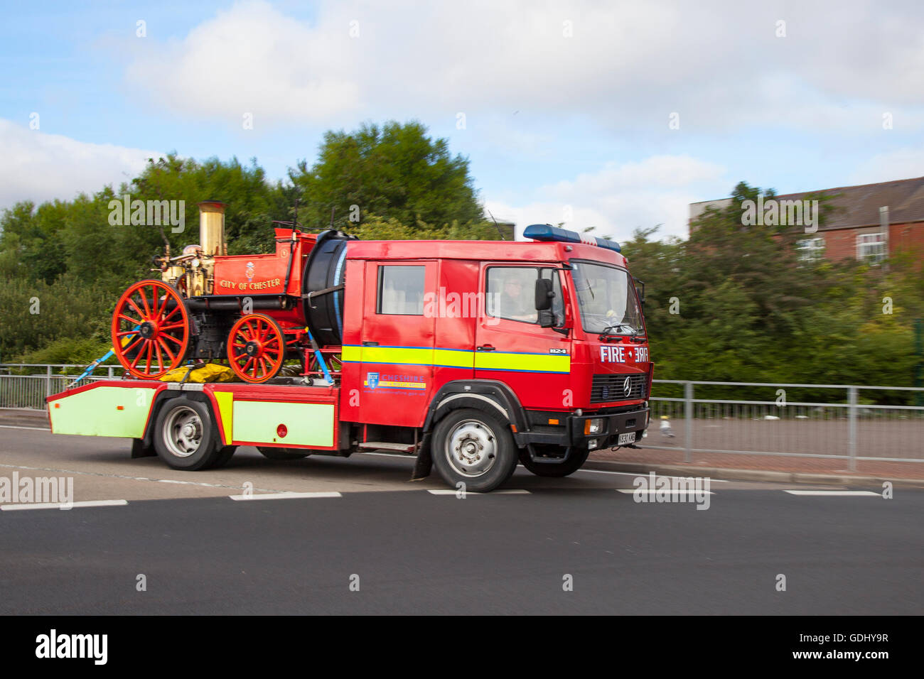 Mercedes 1992 90s red Fire Engine carrying c1839 19C steam powered ...
