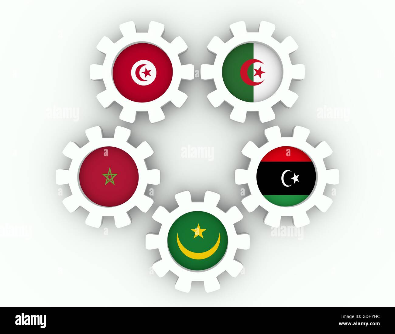 Arab Maghreb Union members national flags on glass gears Stock Photo ...