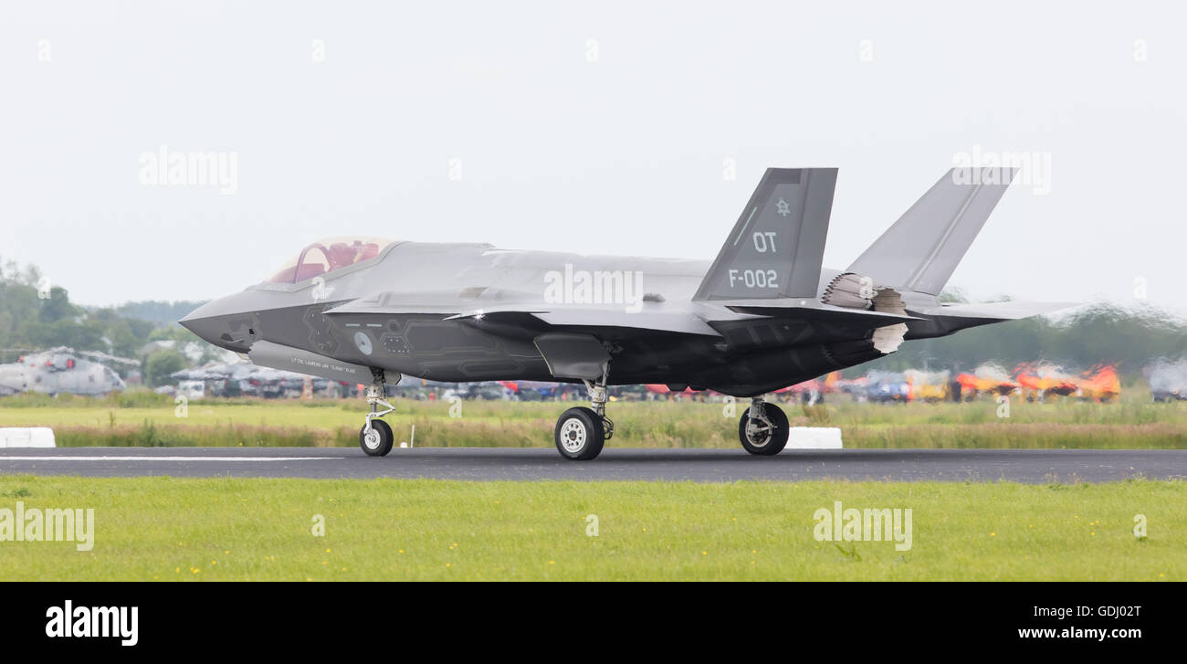 LEEUWARDEN, THE NETHERLANDS - JUNE 10, 2016: Dutch F-35 on the runway ...