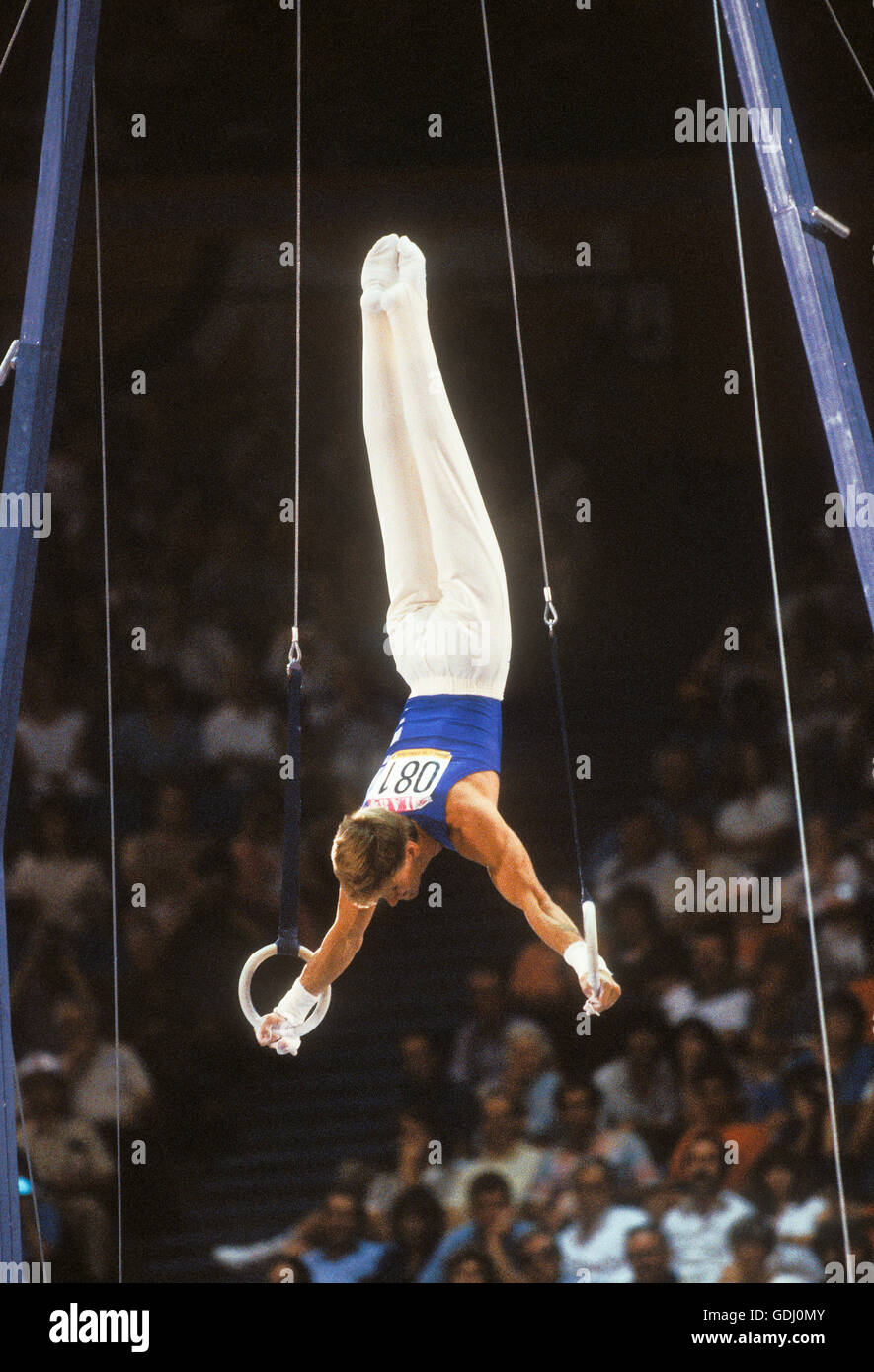 Peter Vidmar competing on rings during 1984 Olympic Games in Los ...