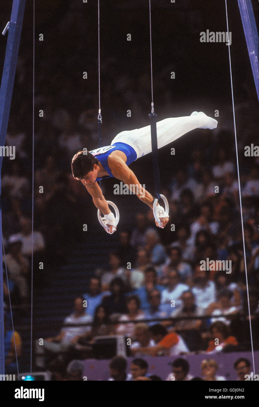 Mitch Gaylord competing on rings during 1984 Olympic Games in Los ...