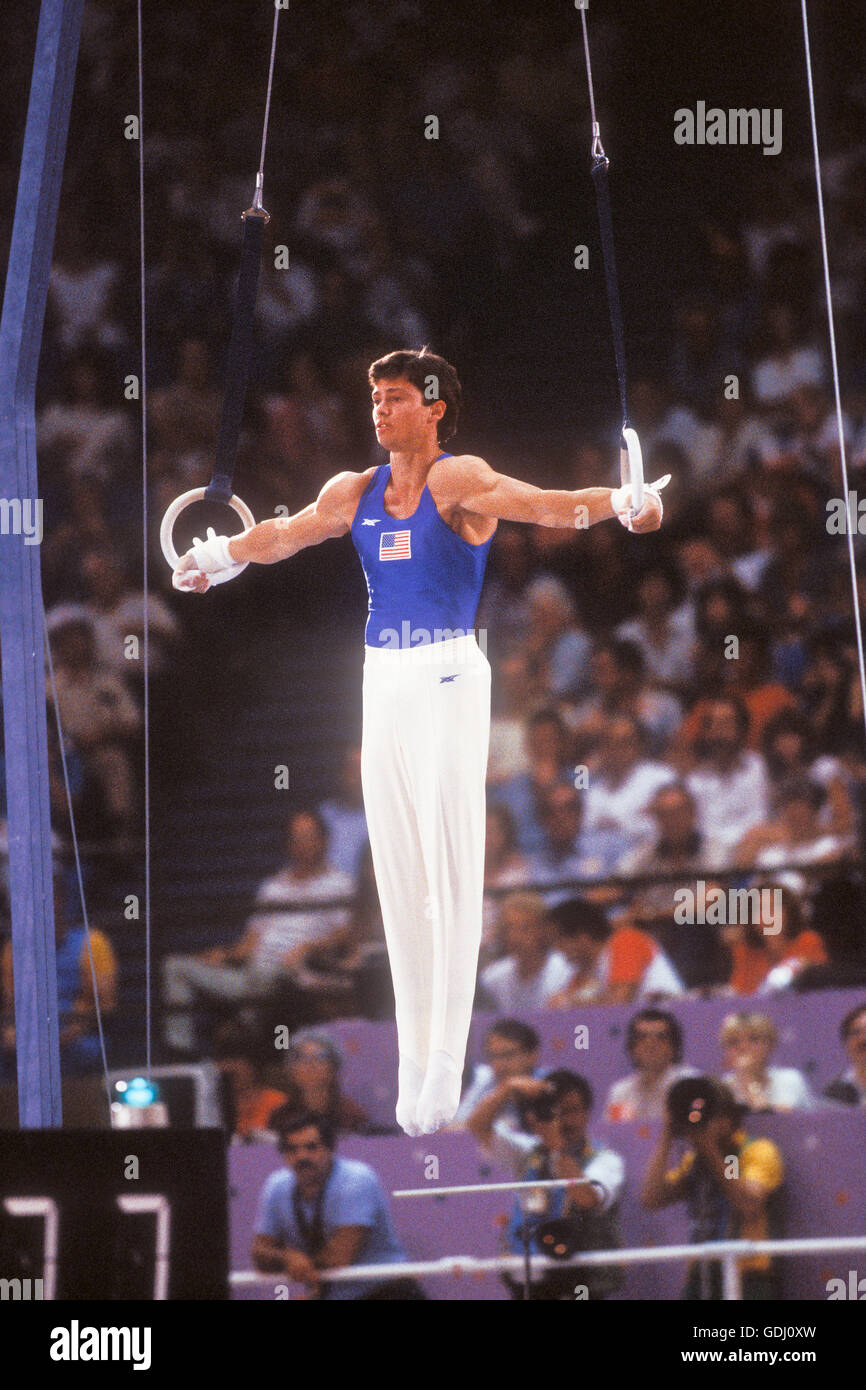 Mitch Gaylord of USA performs on rings at 1984 Olympic Games in Los ...
