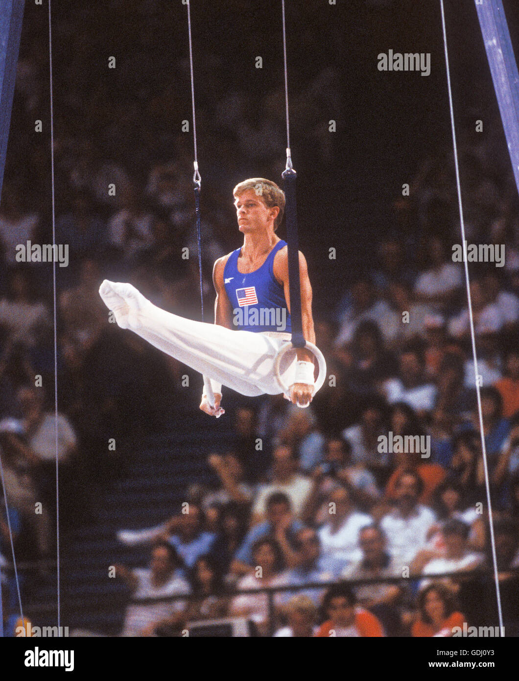 Peter Vidmar of USA performs on rings at 1984 Olympic Games in Los ...