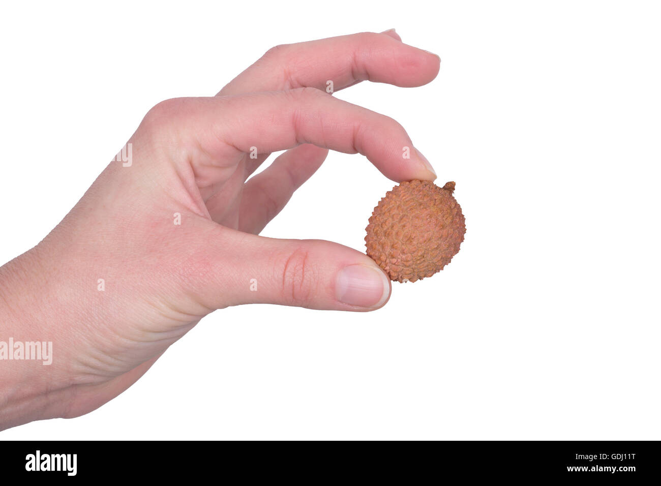 Fresh lychees in woman hand isolated on white background Stock Photo ...