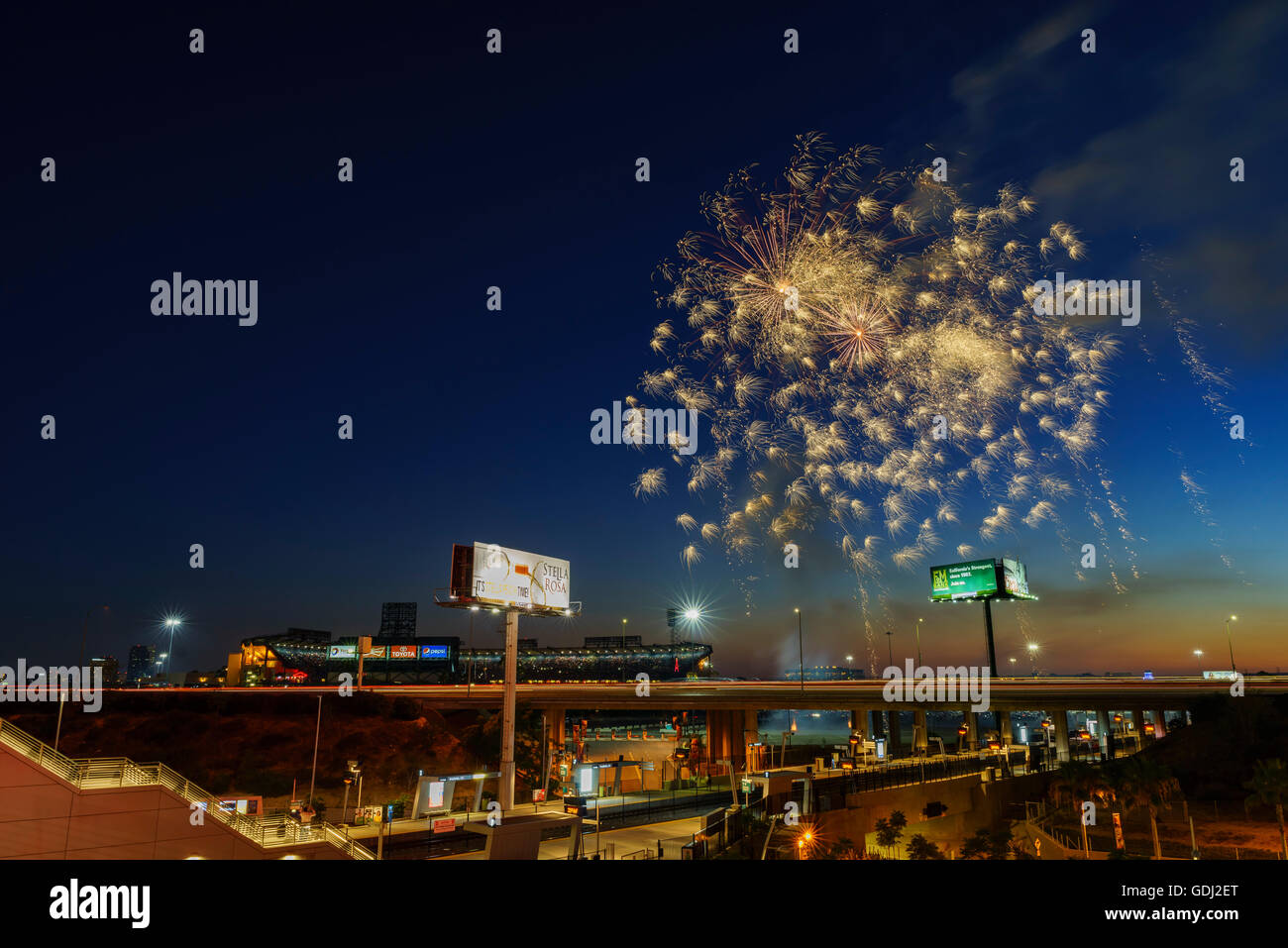 Anaheim, JUL 16: Beautiful fireworks of Angel Stadium saw at the ...