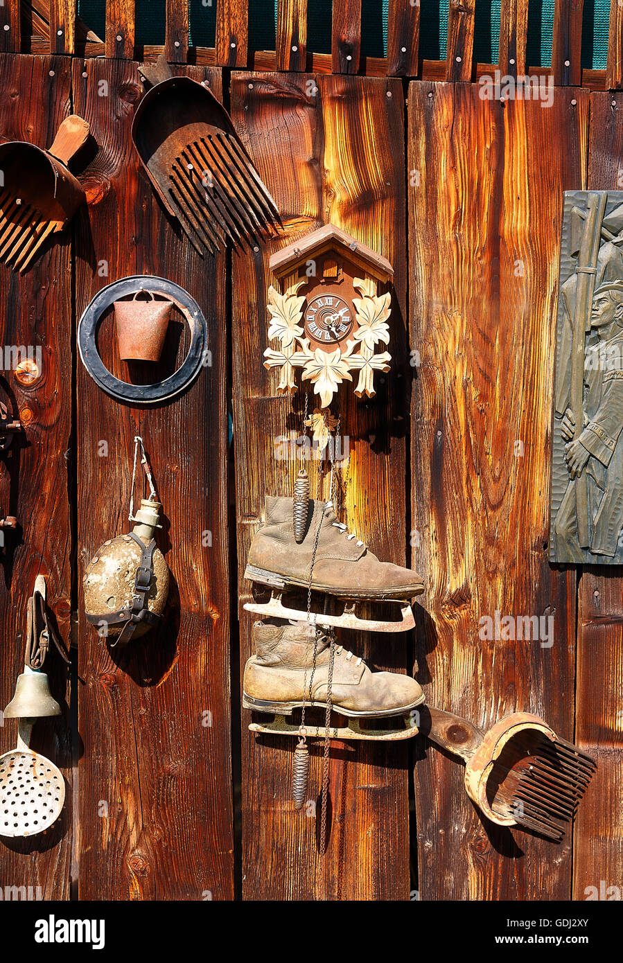 antique old style retro object assemblage on a wooden wall. rustic ...