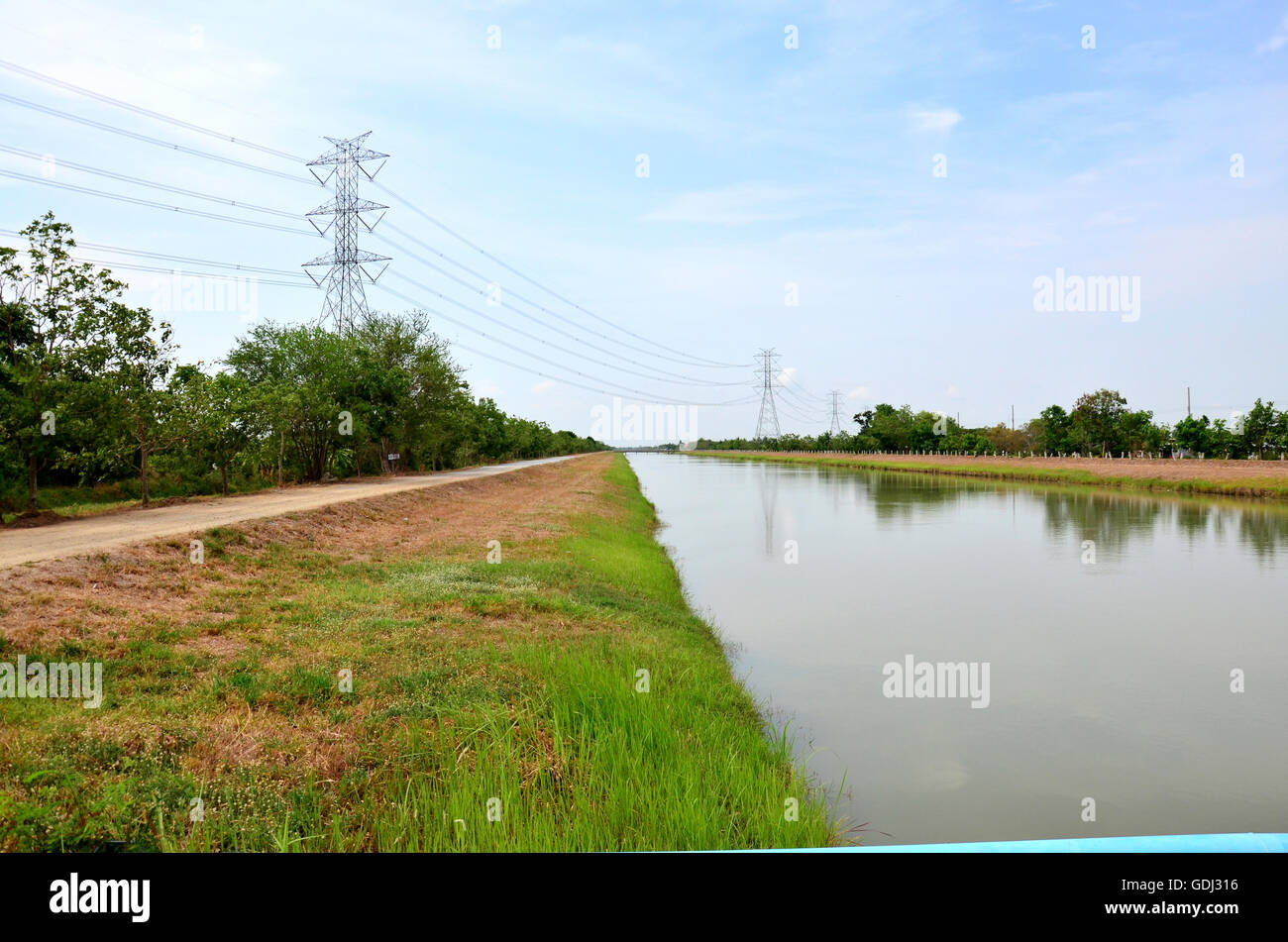 Canal watercourse waterway of water supply with water pipehigh voltage ...