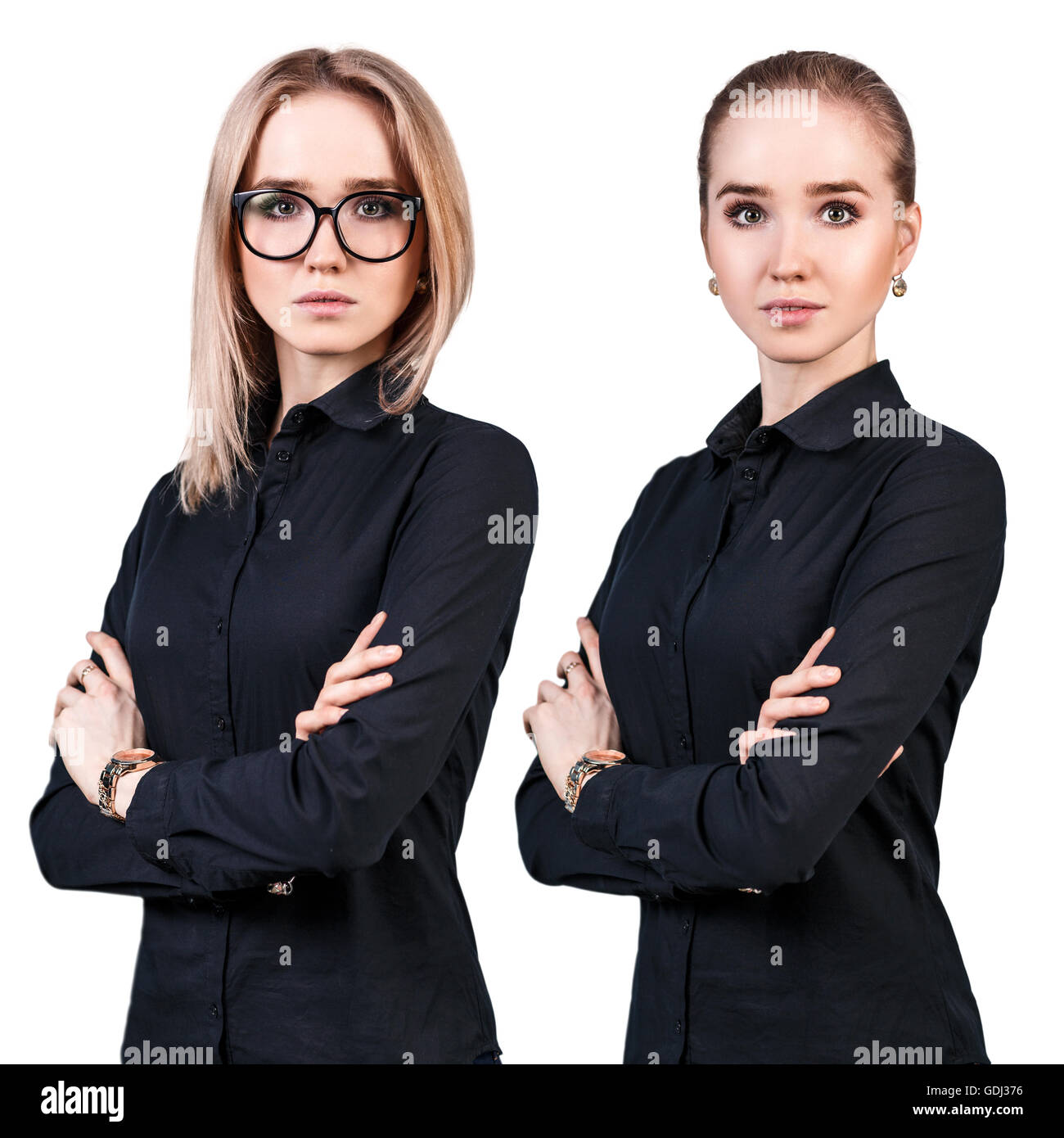 Young girl with glasses and without glasses isolated on white Stock ...