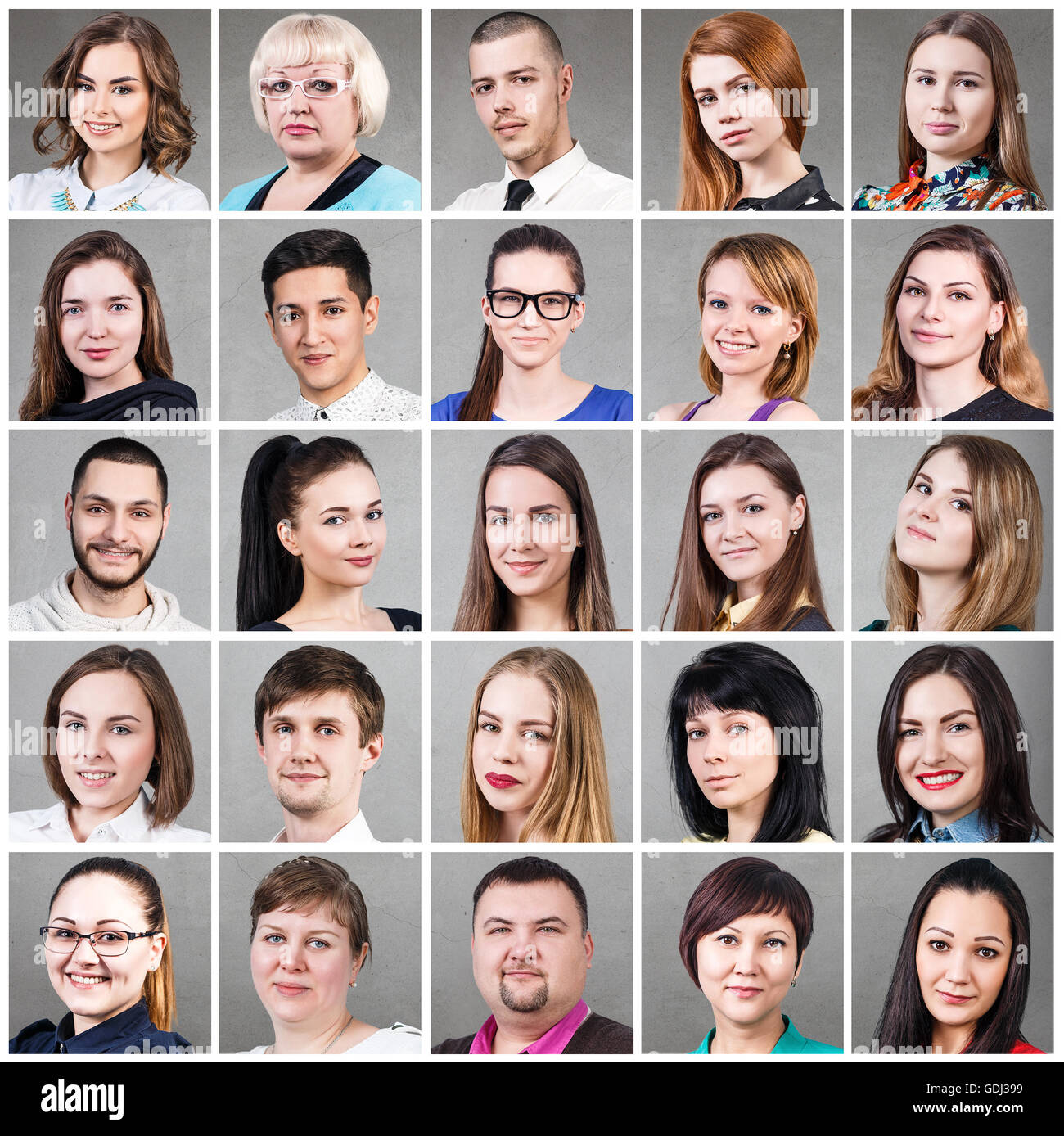 Collage of different happy smiling people of different ages over gray ...