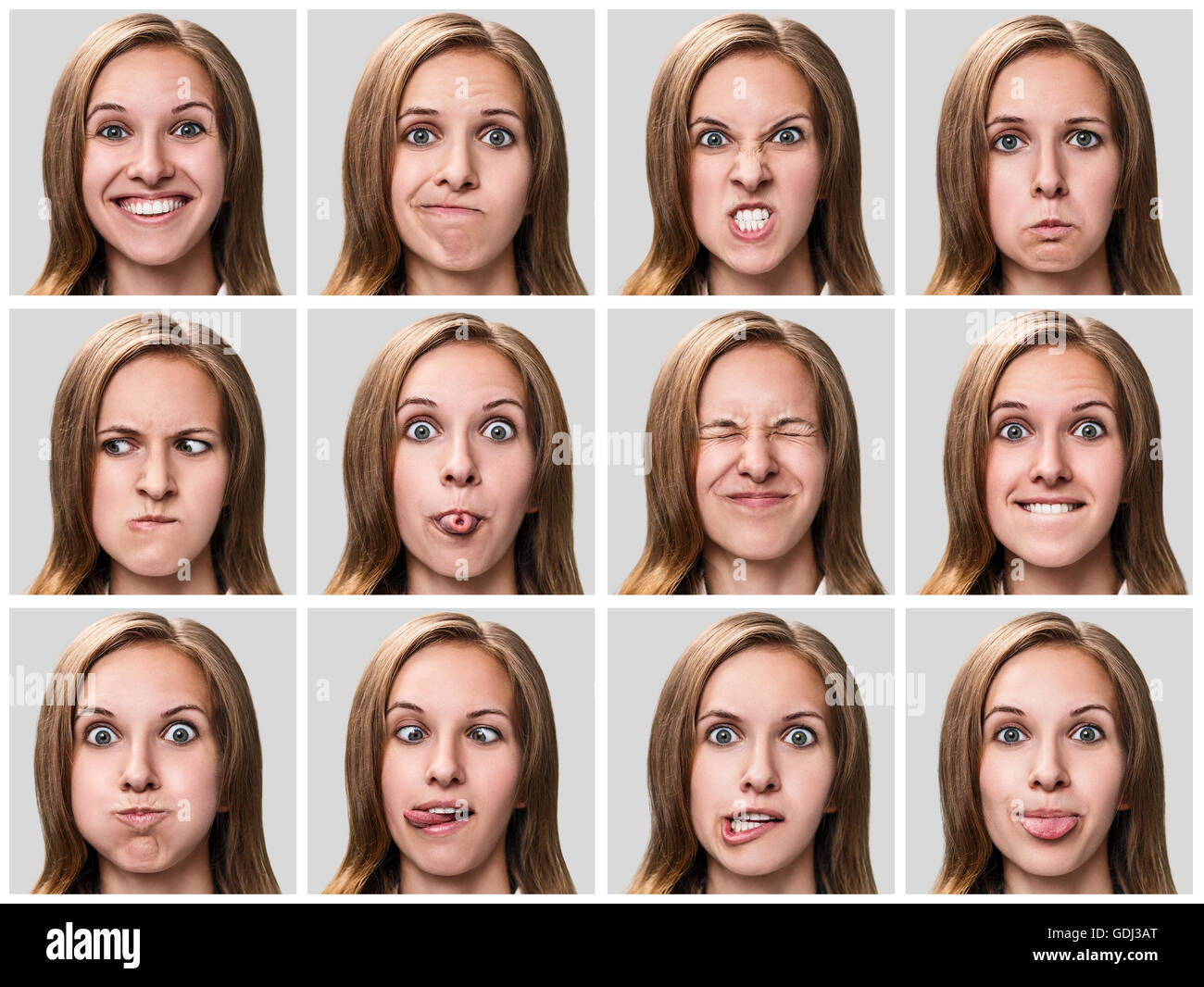 Multiple close-up portraits of the same woman expressing different ...