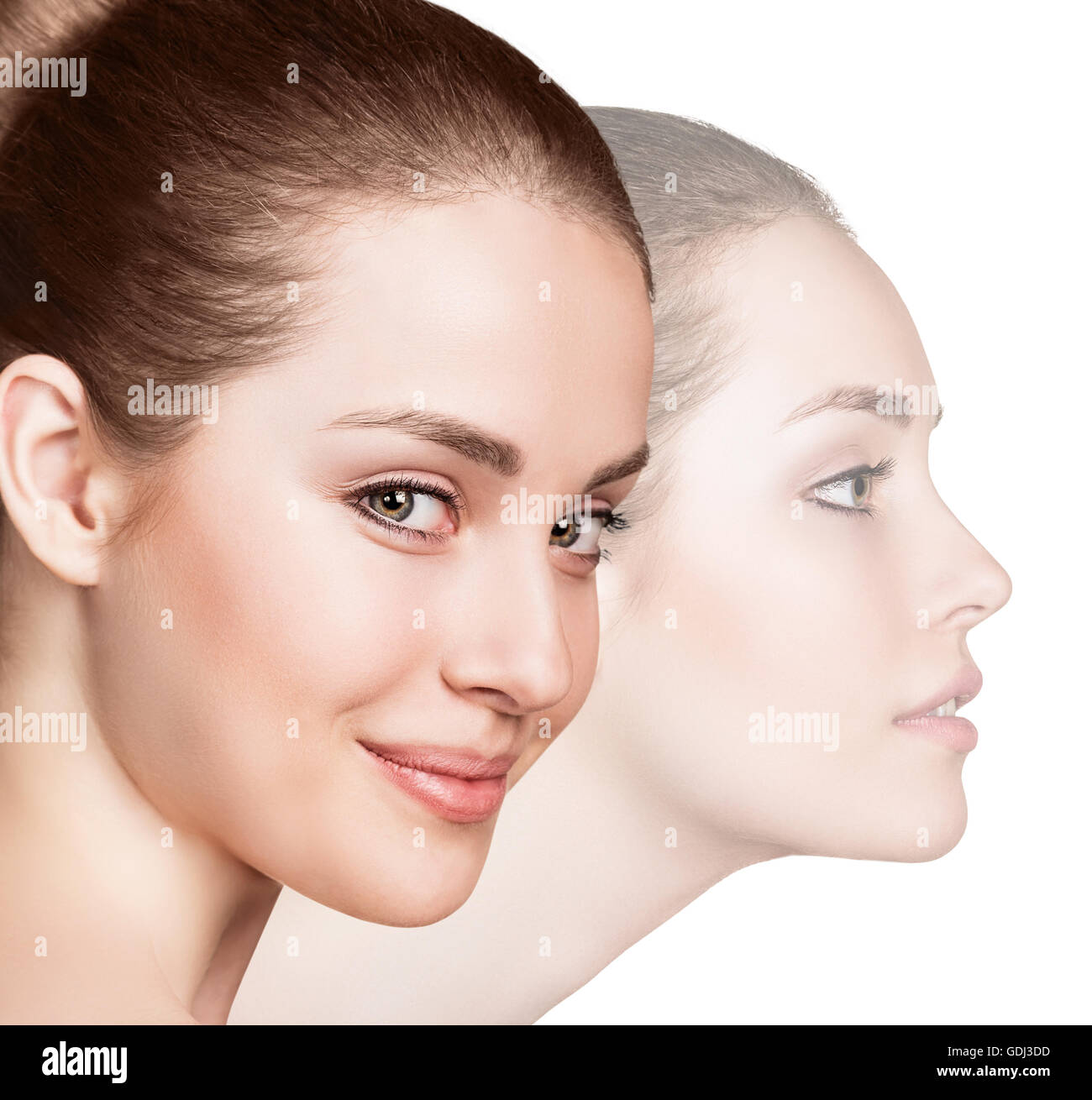 Two perfect faces of beauty girl isolated on white background Stock ...