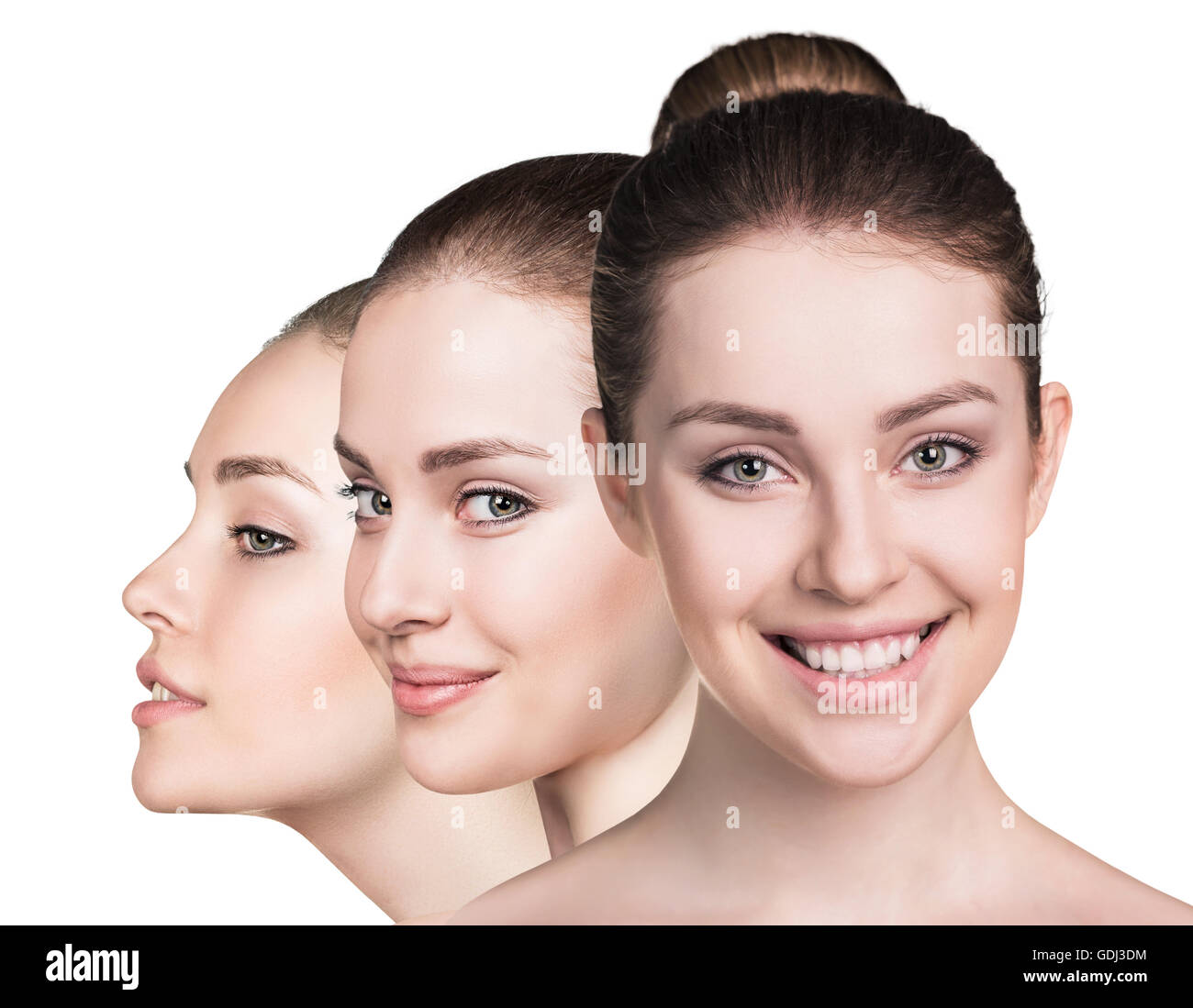 Three perfect faces of beauty girl isolated on white background Stock ...