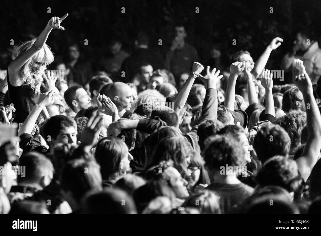 Ecstatic audience at rock concert at night @ Zagreb, Croatia, Europe ...