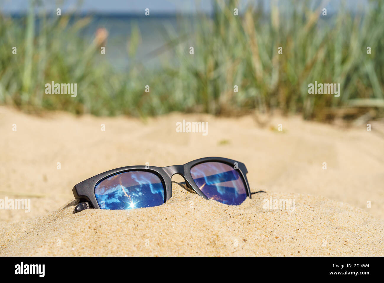 Reflecting sunglasses on sandy beach. Sea and grass on blurred ...