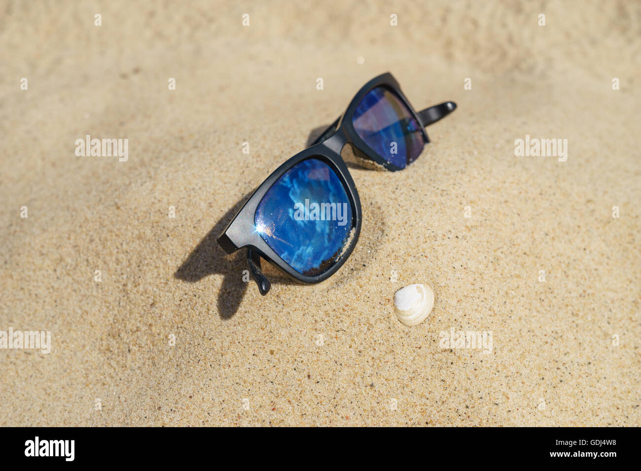 Reflecting sunglasses on sandy beach with shell. Selective focus Stock ...