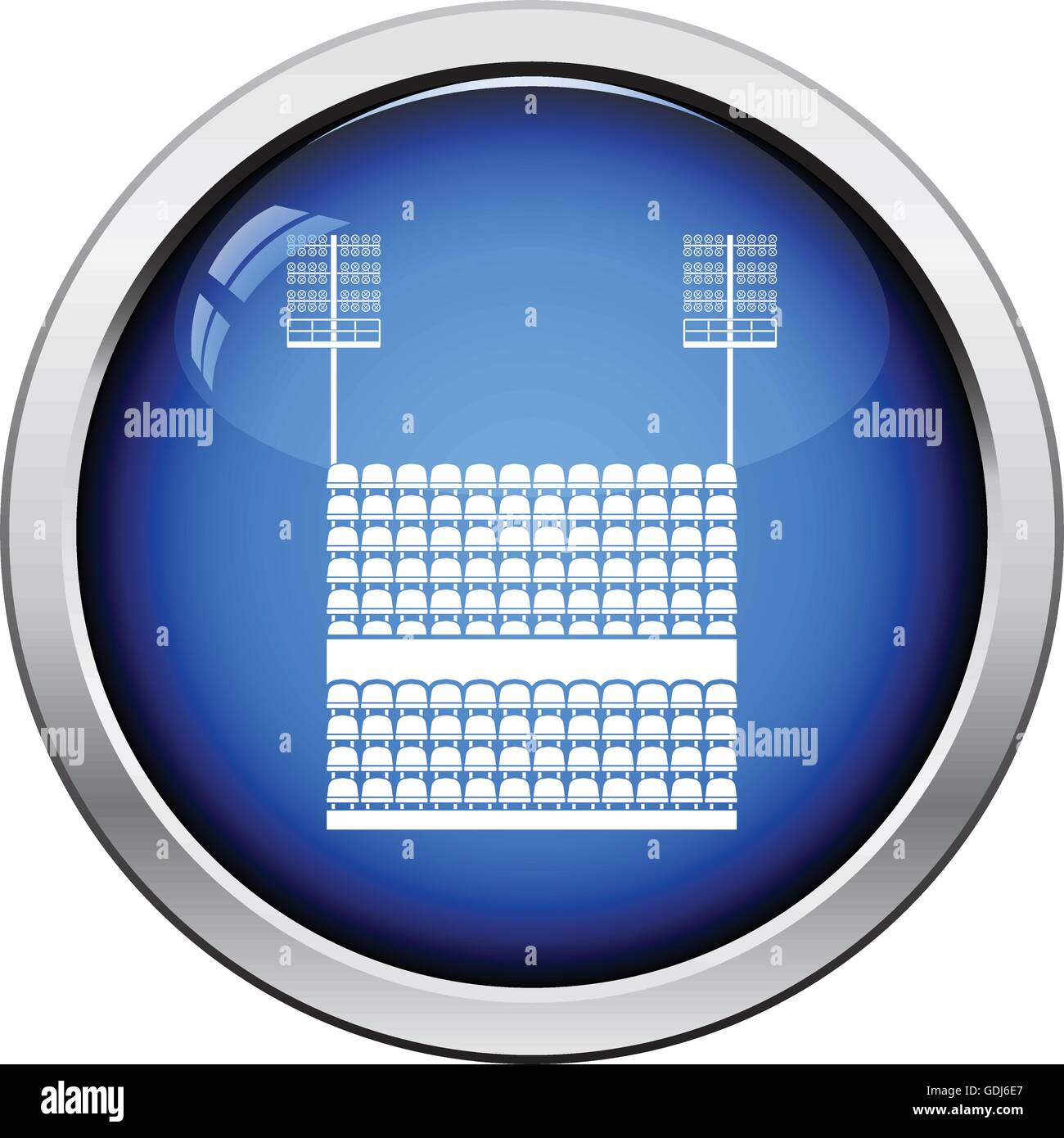 Stadium tribune with seats and light mast icon. Glossy button design ...