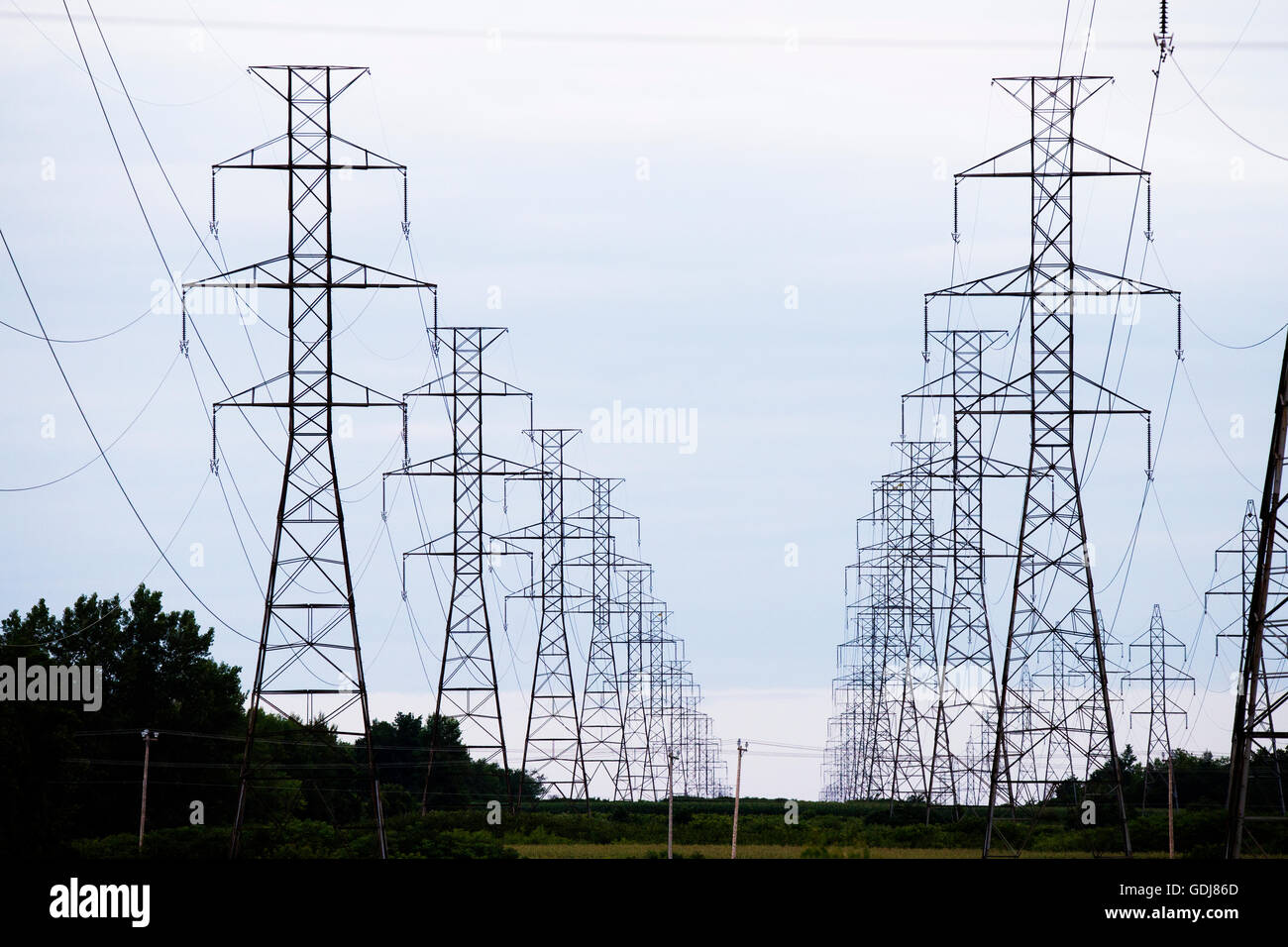 Electricity pylons in the sunset Stock Photo - Alamy