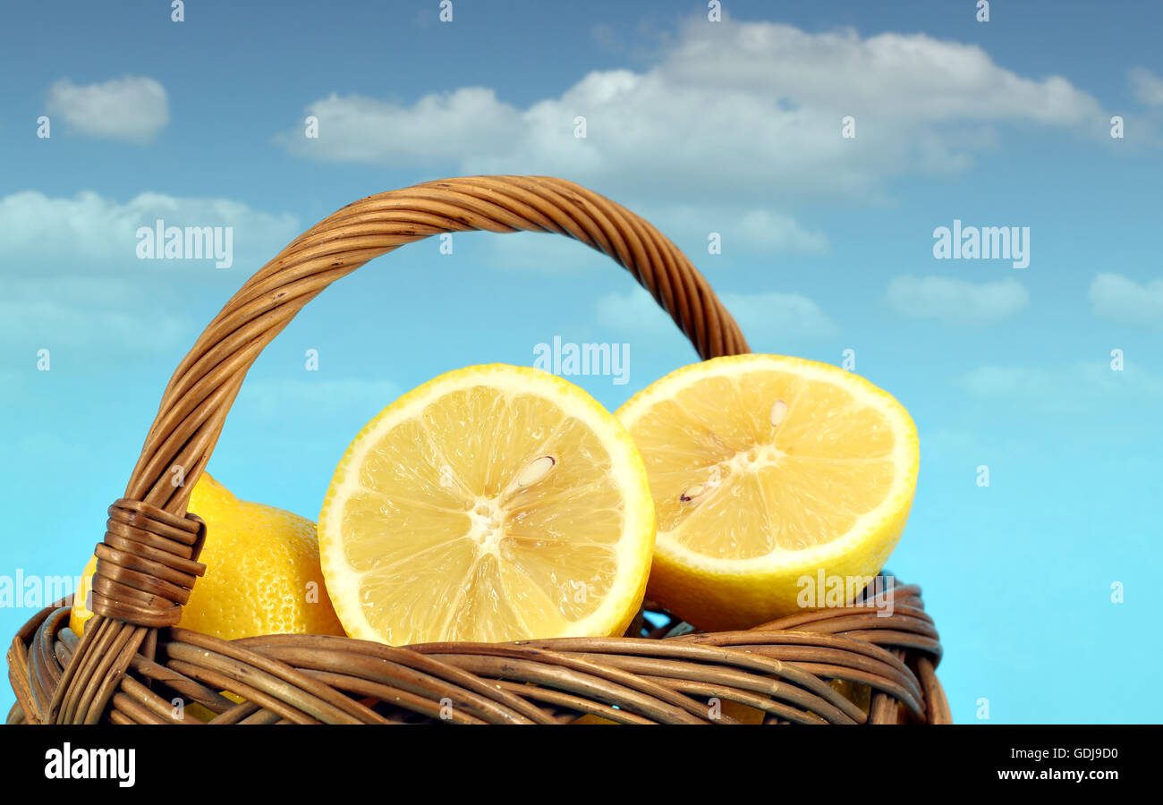 lemon in wooden basket Stock Photo - Alamy