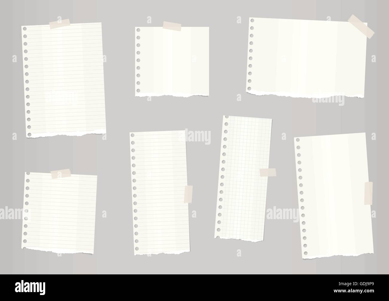 Pieces of light brown ruled and grid torn notebook paper are stuck with ...