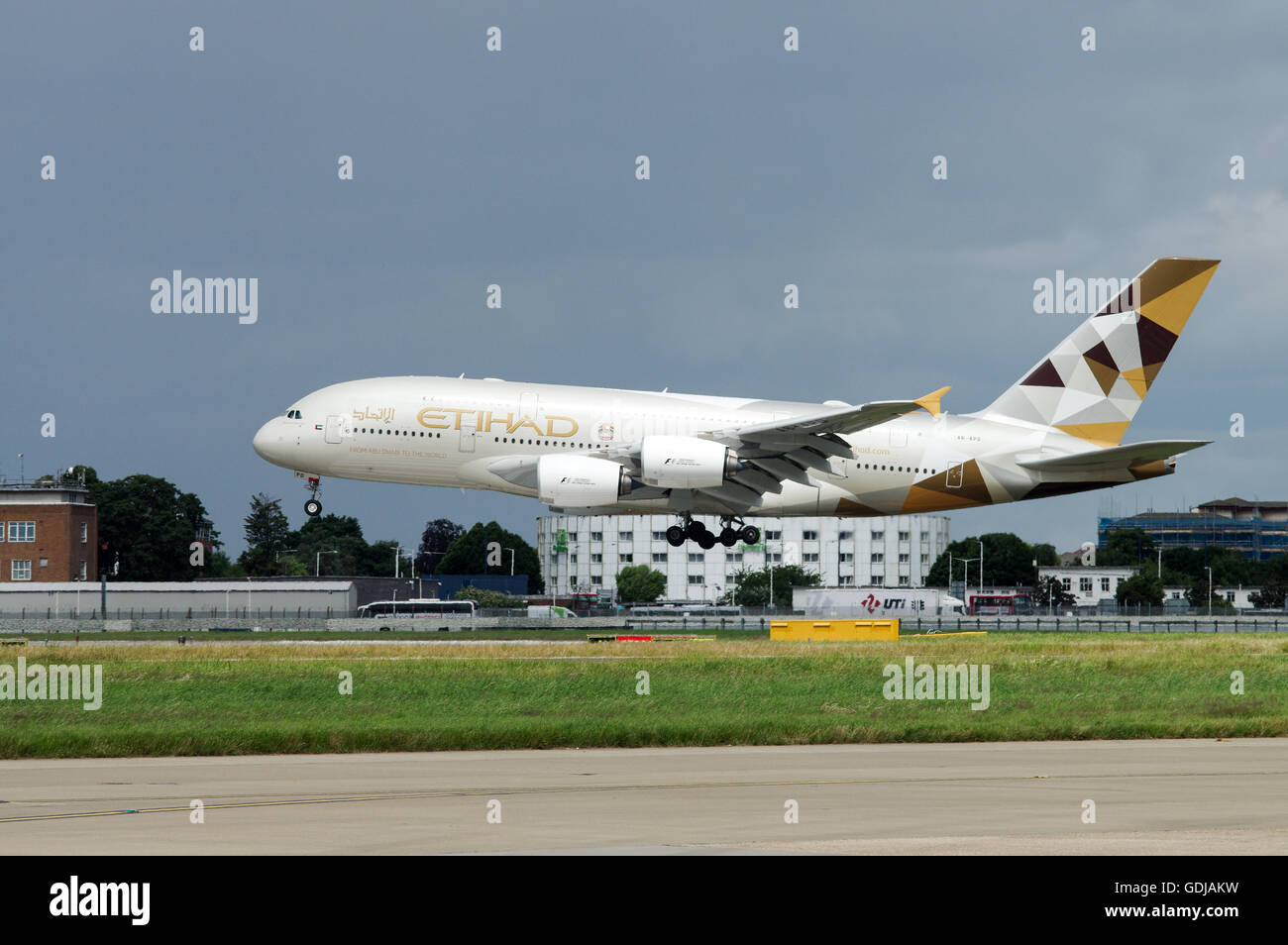Etihad Airbus 380 landing at London Heathrow Airport Stock Photo - Alamy