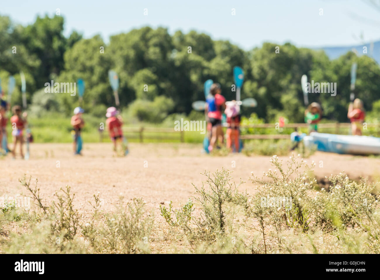 Summer kids advanture camp preparing for canoeing Stock Photo - Alamy