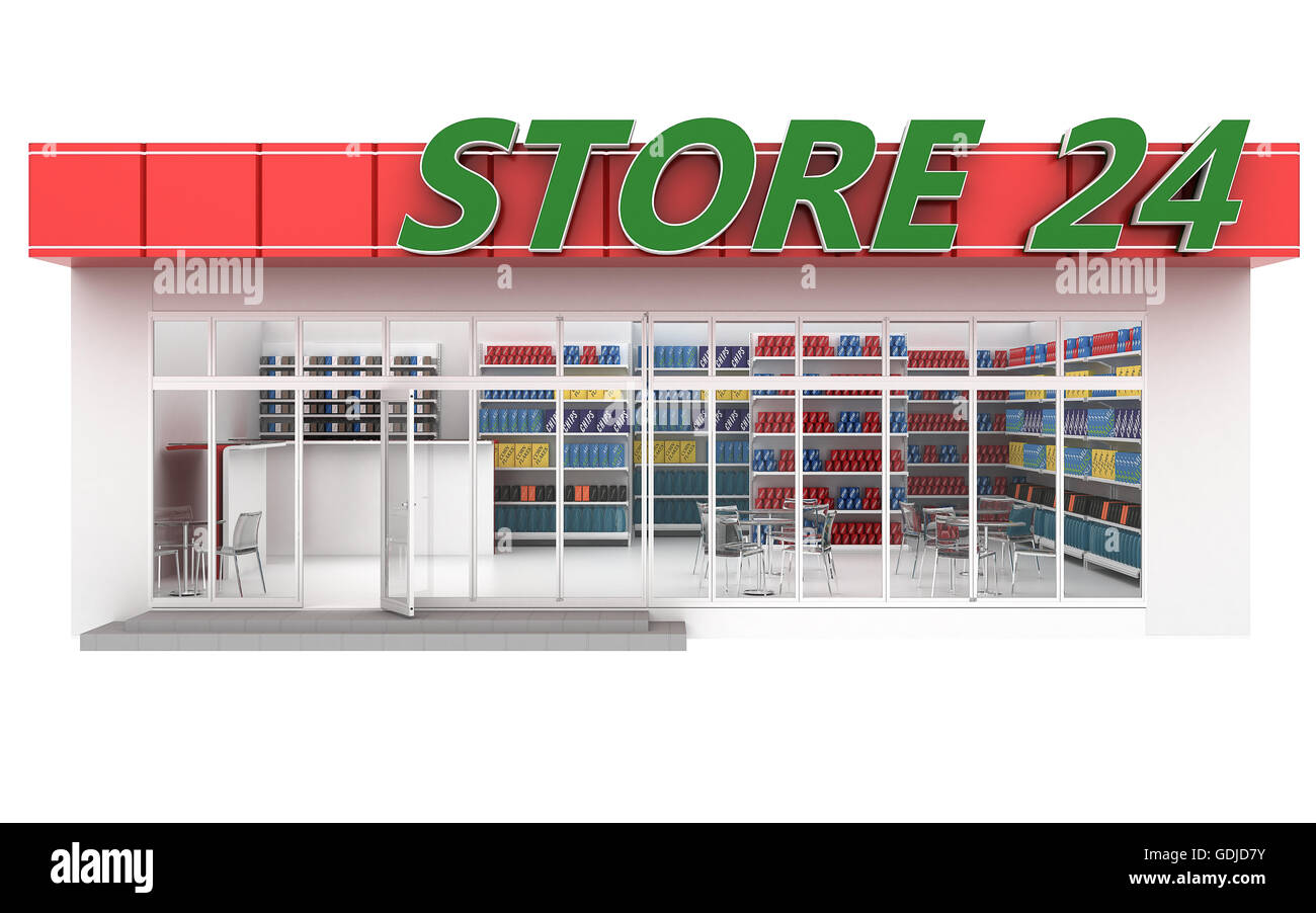 illustration of a 24-hour store with cafe Stock Photo - Alamy