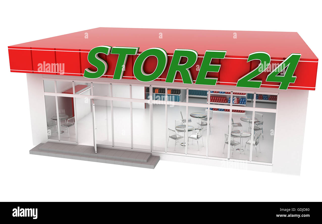 illustration of a 24-hour store with cafe Stock Photo - Alamy