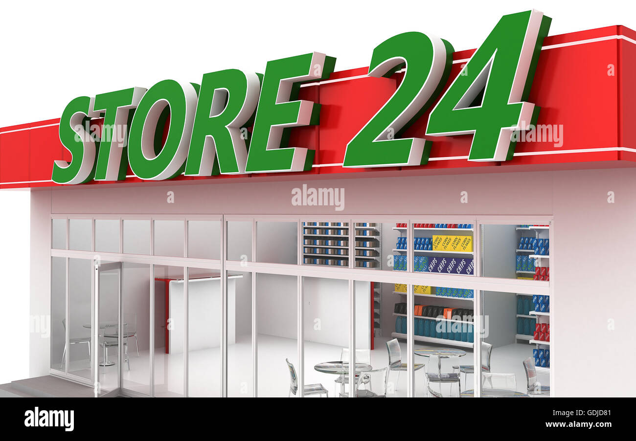illustration of a 24-hour store with cafe Stock Photo - Alamy