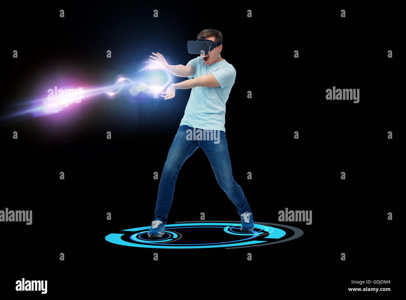 happy man in virtual reality headset or 3d glasses Stock Photo - Alamy
