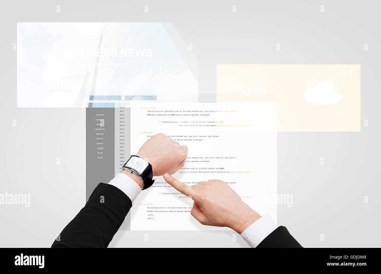 businessman hands with coding on smart watch Stock Photo - Alamy