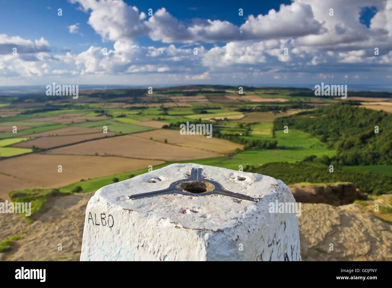 The view from Roseberry Topping and the Trig. Point at the top, looking ...