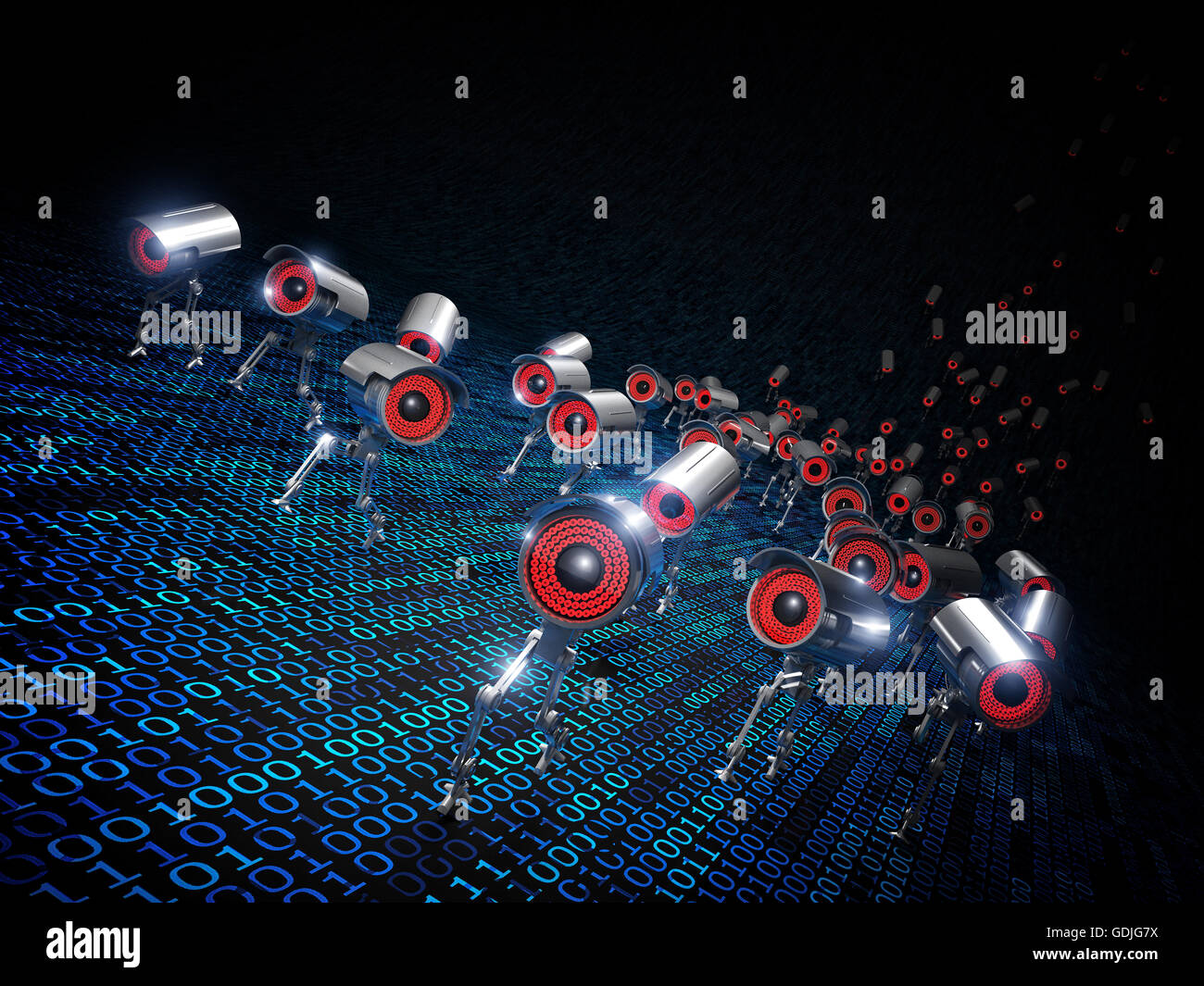 running cctv robot and binary code background Stock Photo - Alamy