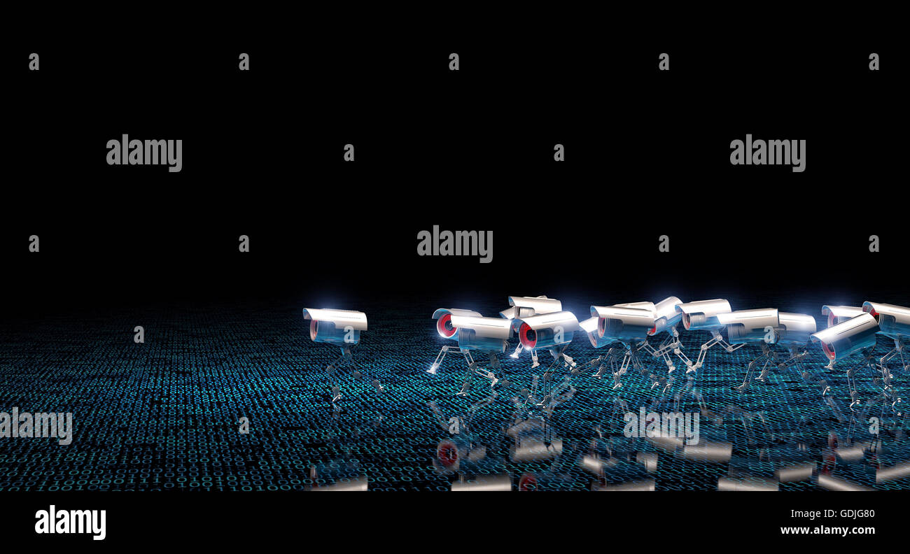 running cctv robot and binary code background Stock Photo - Alamy