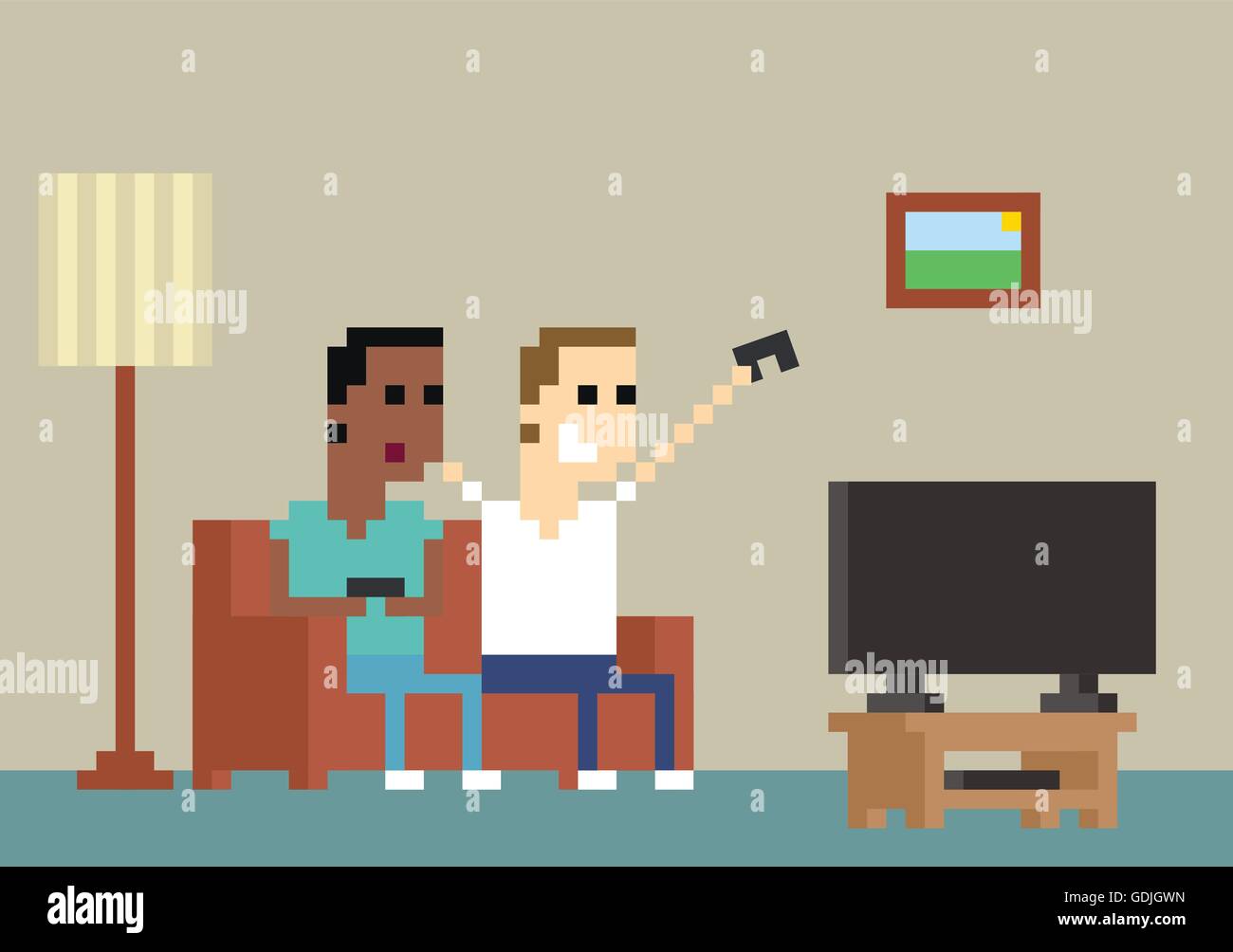 Pixel Art Image Of Gamers Playing Together At Home Stock Vector Image ...